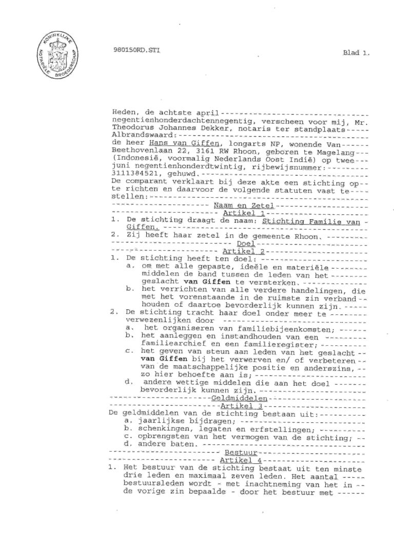 De oprichtingsakte - Stichting Familie Van Giffen
